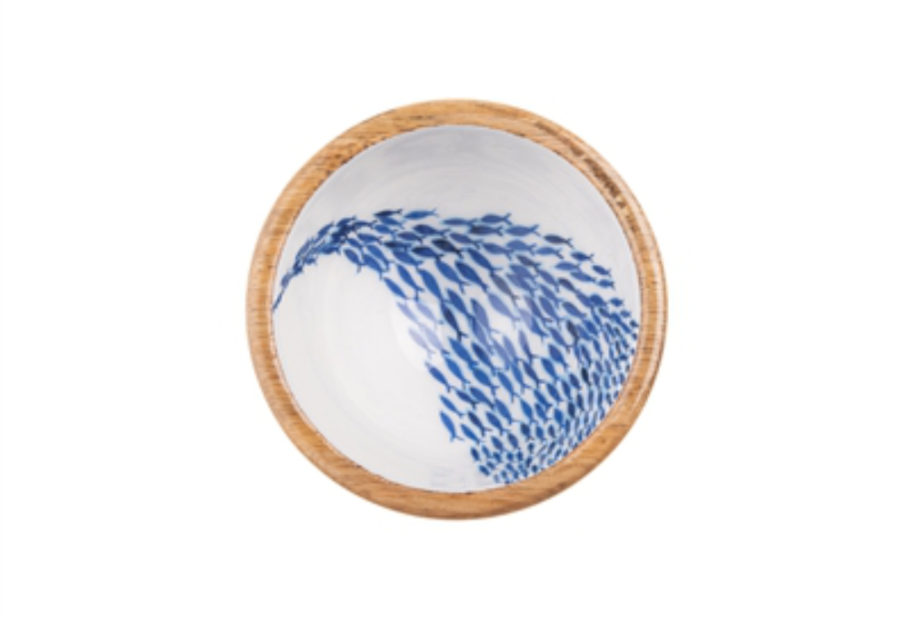 Blue and White Fish Shoal Design Wooden Nut and Nibbles Bowl by Shoele ...